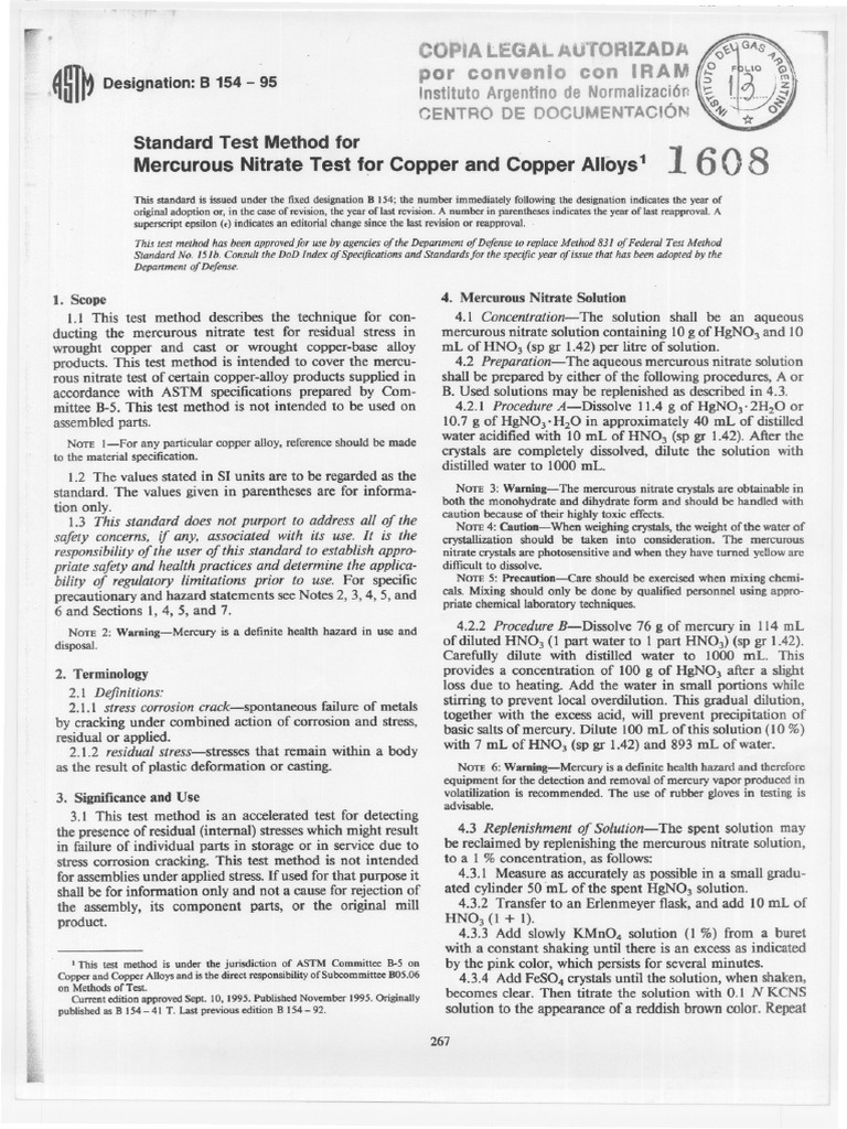 Astm B 154 1995 PDF | PDF | Mercury (Element) | Nitrate