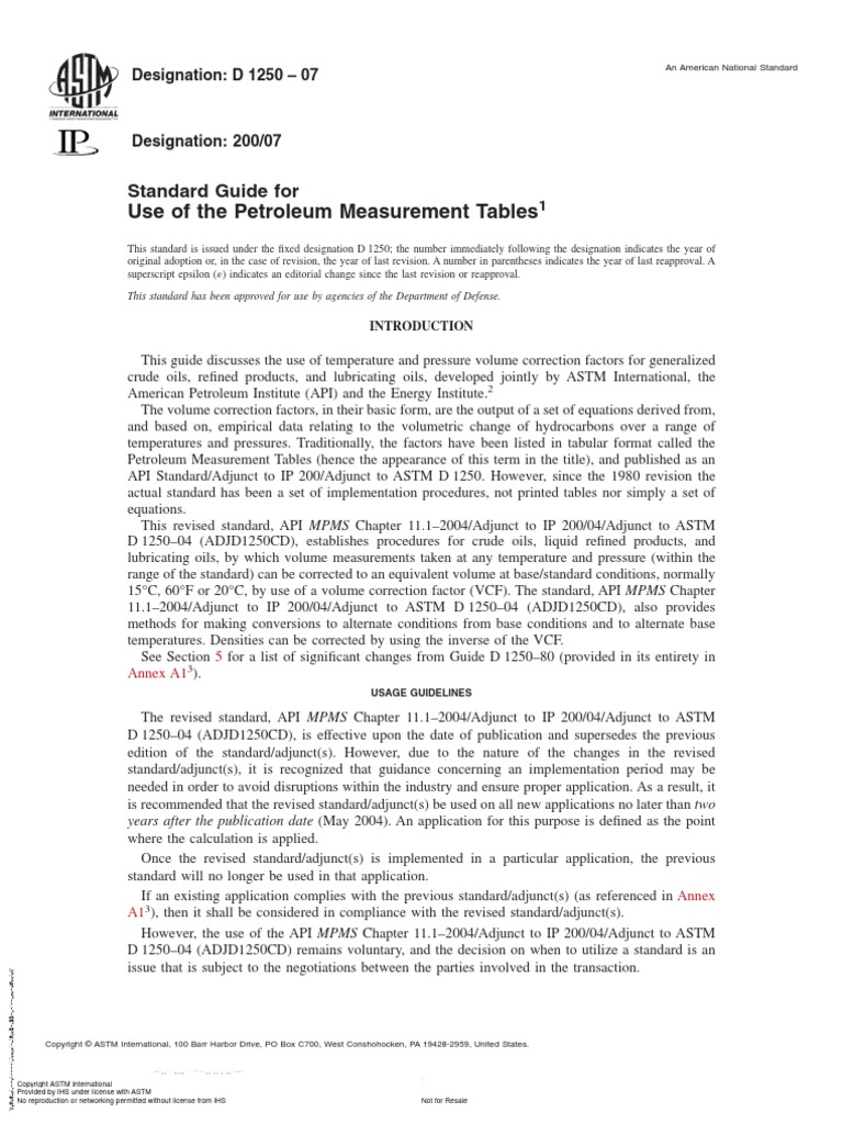 ASTM D 1250-07 Standard Guide For Use of The Petroleum Measurement ...