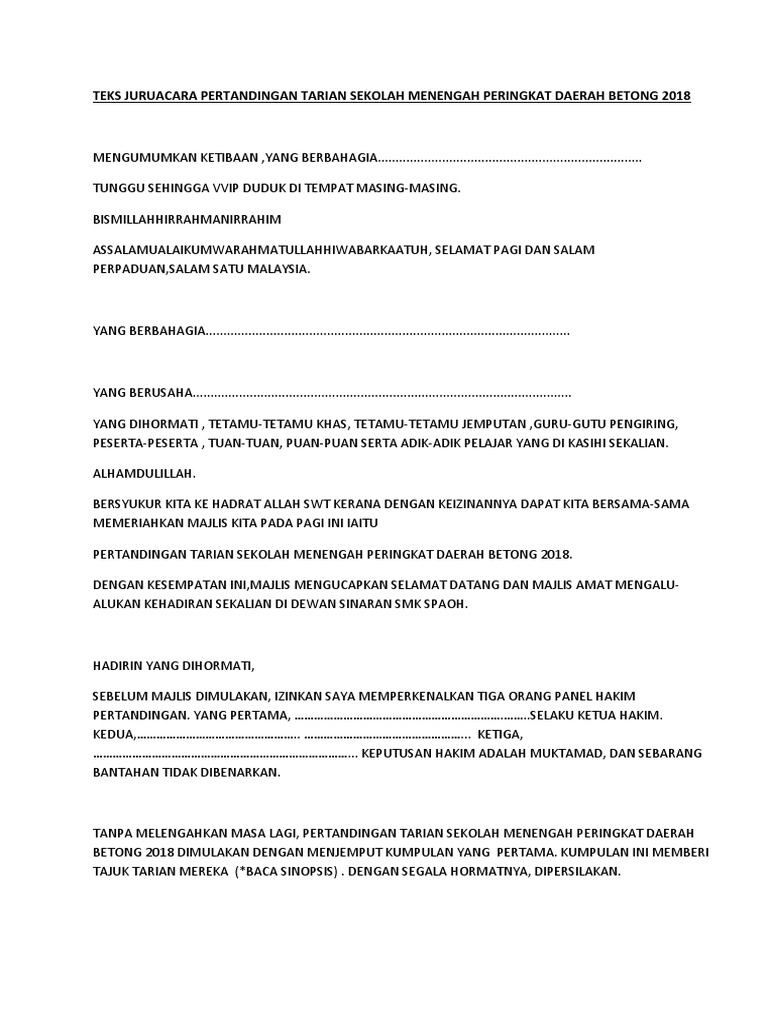 Teks Juruacara Pertandingan Tarian Sekolah Menengah Peringkat Daerah ...