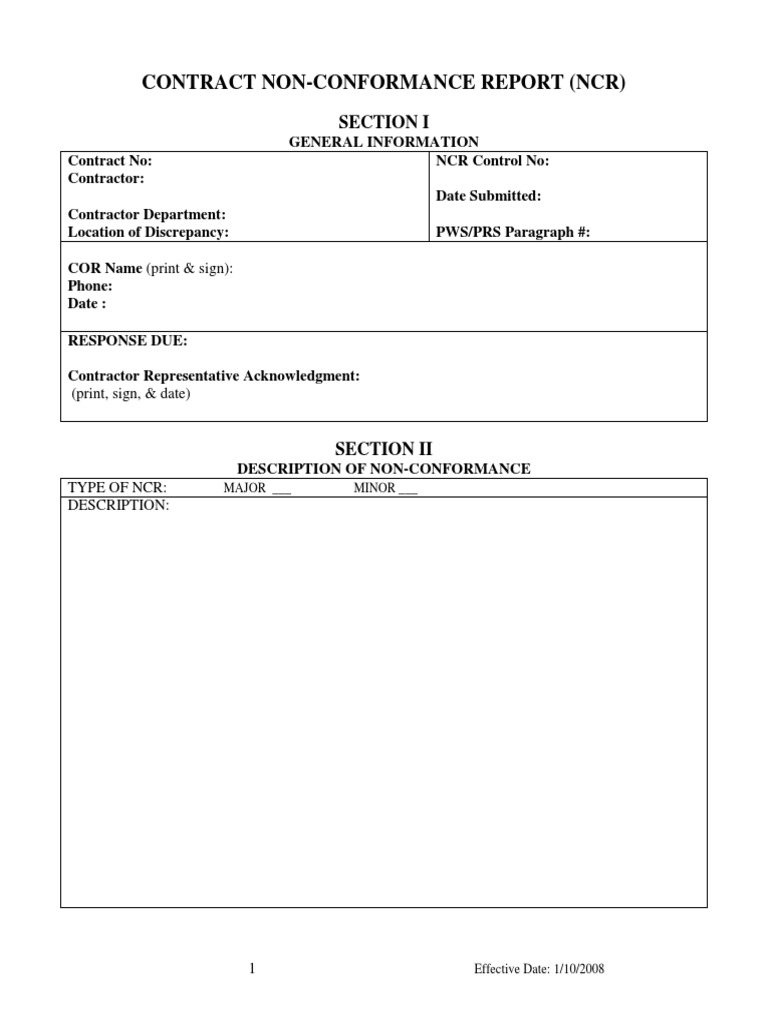 Contract Non-Conformance Report (NCR) : Section I | PDF