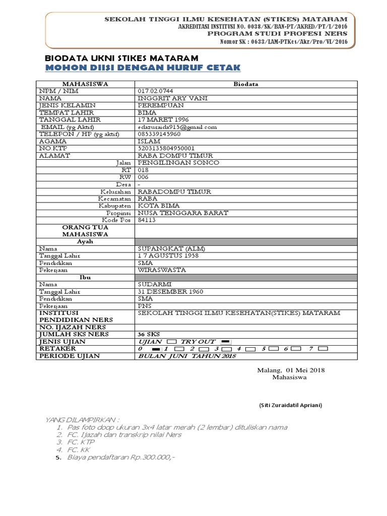 Biodata Ukni Stikes Mataram | PDF