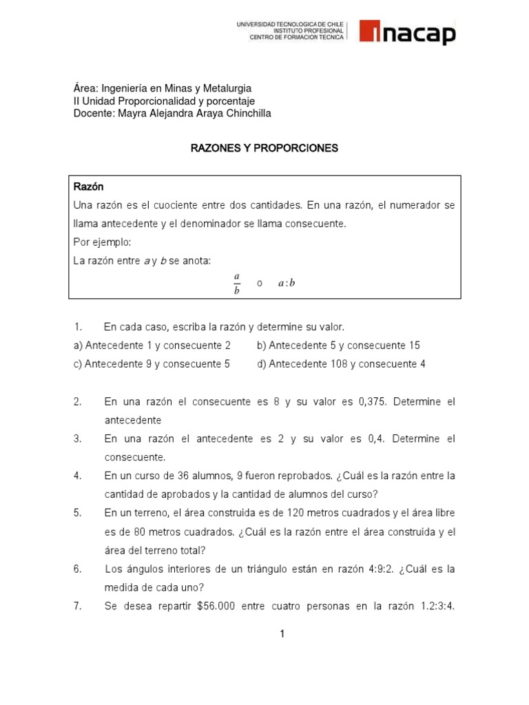 Razones, Proporciones y Porcentajes en Matemáticas | PDF | Proporción ...