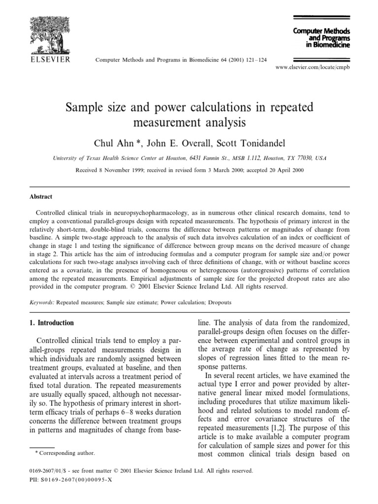 Sample Size and Power Calculations in Repeated Measurement Analysis ...