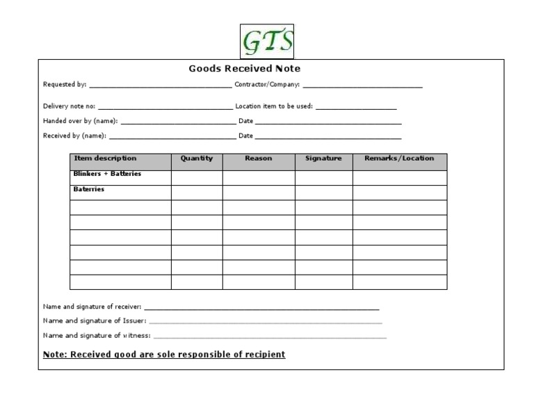 Goods Received Note - Form | PDF