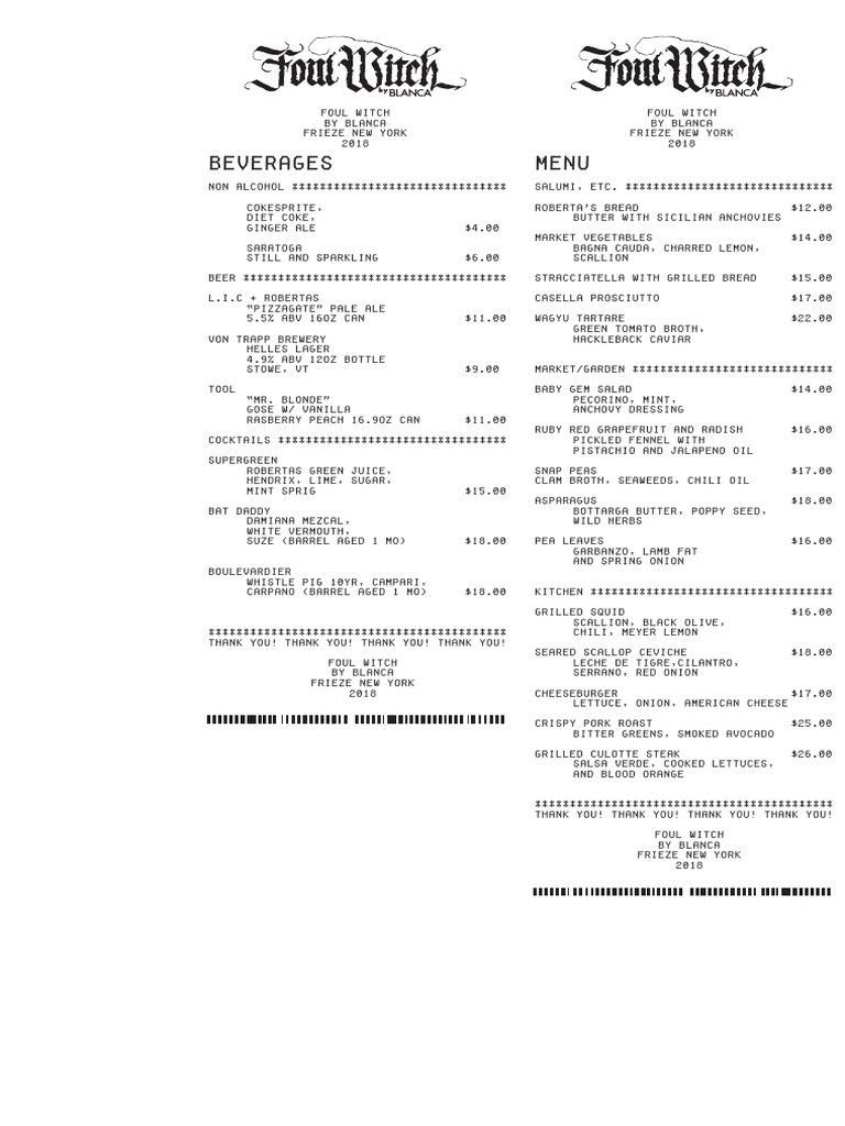 Foul Witch Menu | PDF | Scallion | Ale