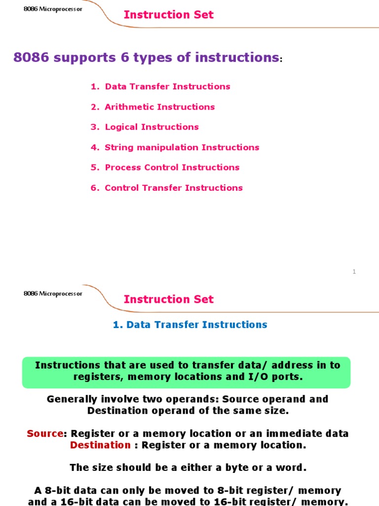 8086 Supports 6 Types of Instructions | PDF | Subroutine | Assembly ...