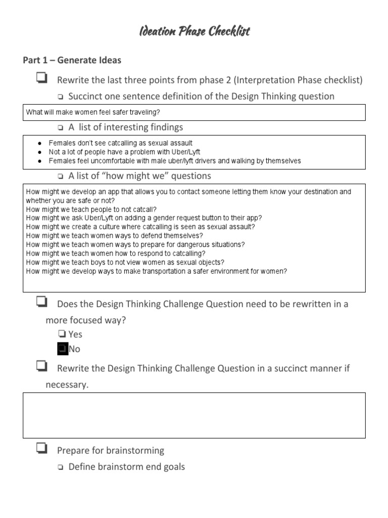 ideation phase checklist | Brainstorming | Design Thinking