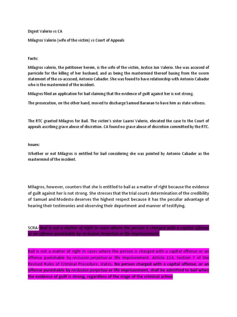 Digested Valerio Vs CA 2007 | PDF | Bail | Victimology