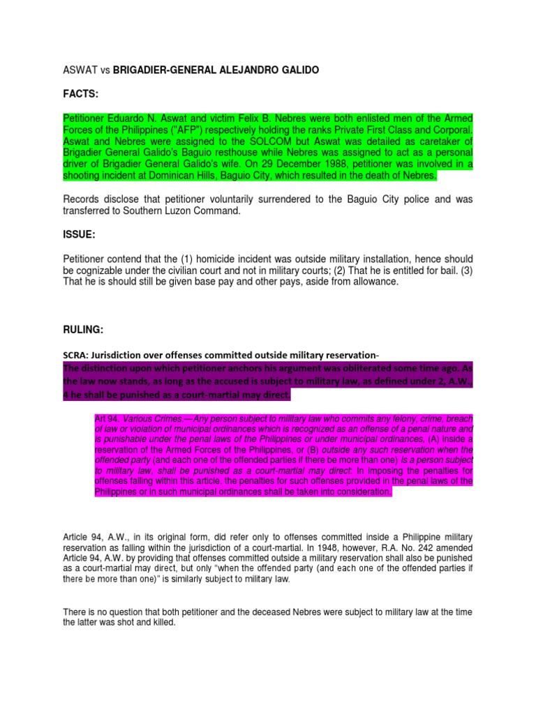 Digest Aswat Vs Galido | PDF | Military Justice | Bail