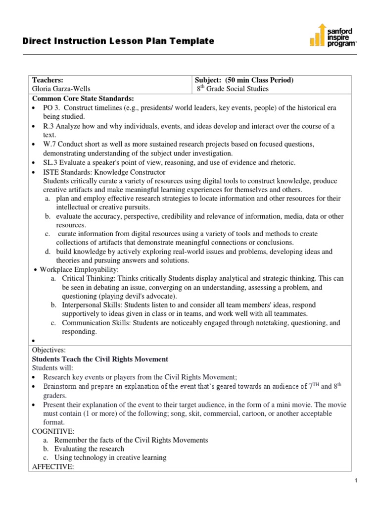 Direct Instruction Lesson Plan Template: Teachers: Subject: (50 Min ...