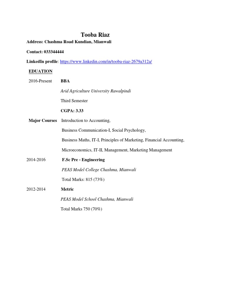 Tooba Riaz: Address: Chashma Road Kundian, Mianwali Contact: 033344444 Linkedin Profile | PDF