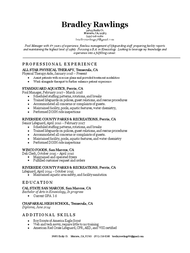 Bradley Rawlings: Pool Manager Resume | PDF