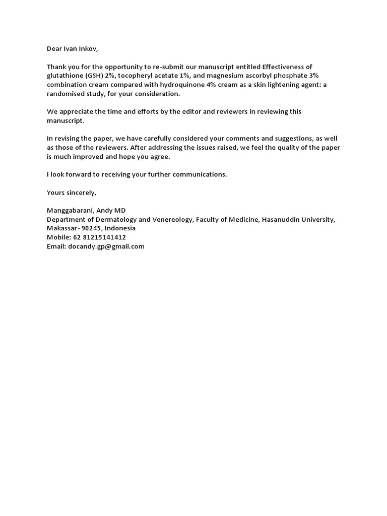 Cover Letter Manuscript Revision To Editor | PDF