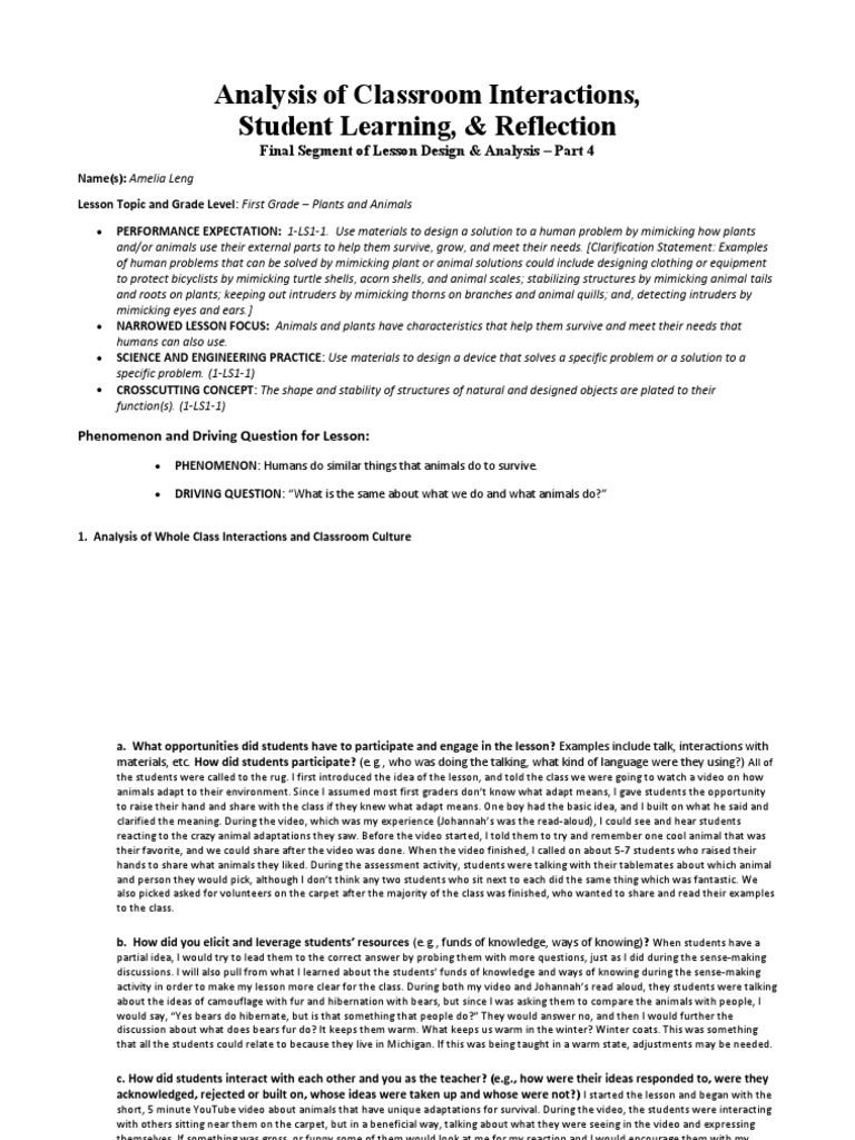 Analysis of Classroom Interactions, Student Learning, & Reflection ...