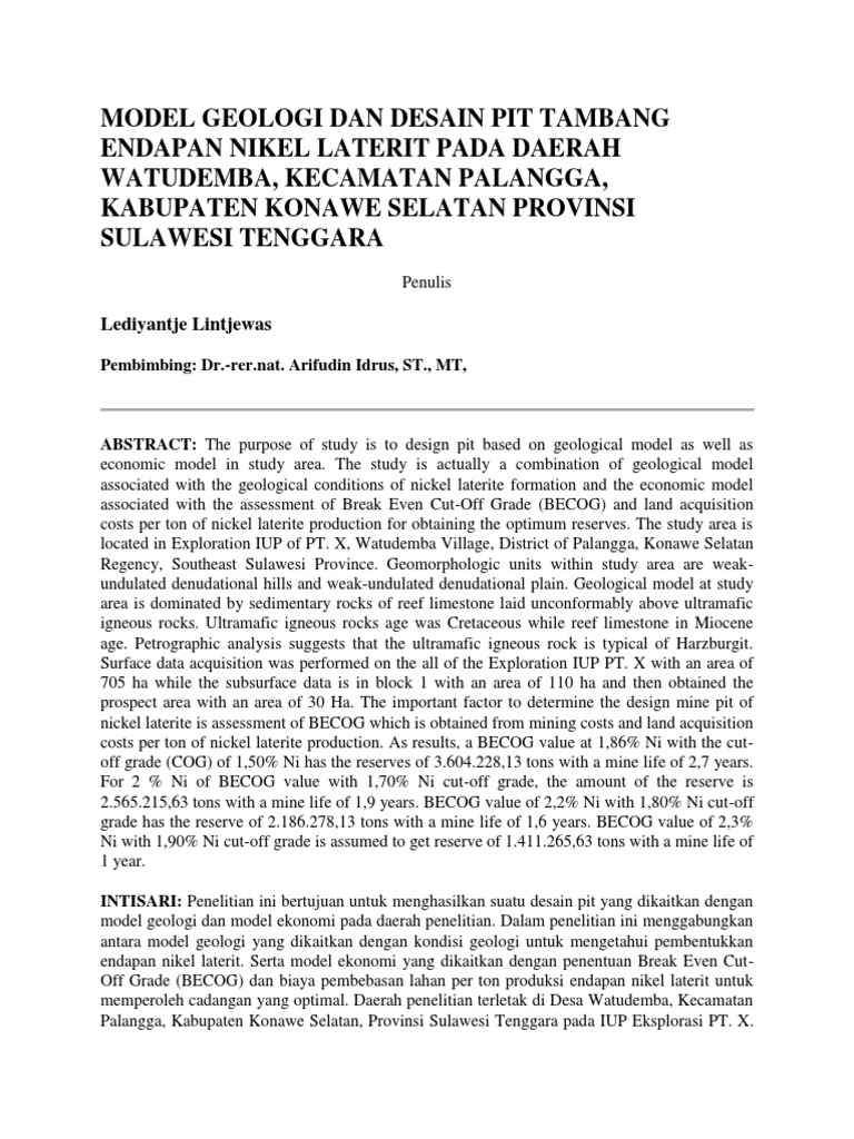 Model Geologi Dan Desain Pit Tambang Endapan Nikel Laterit Pada Daerah ...