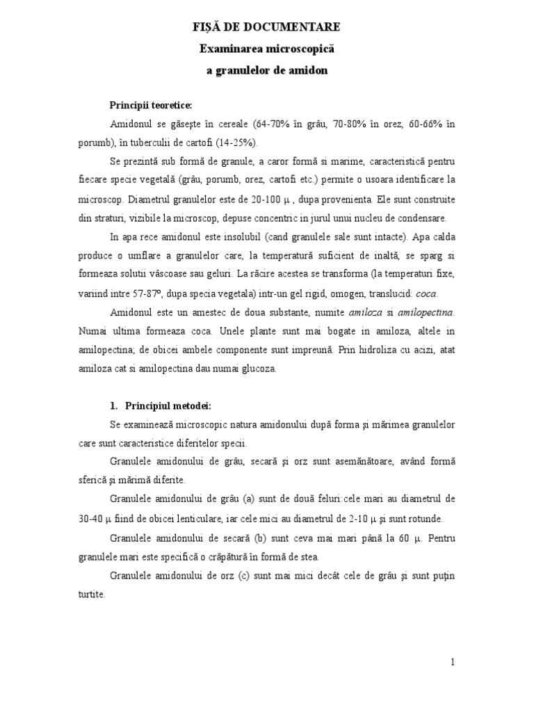 Fisa de Documentare Determinarea Microscopica A Granulelor de Amidon | PDF