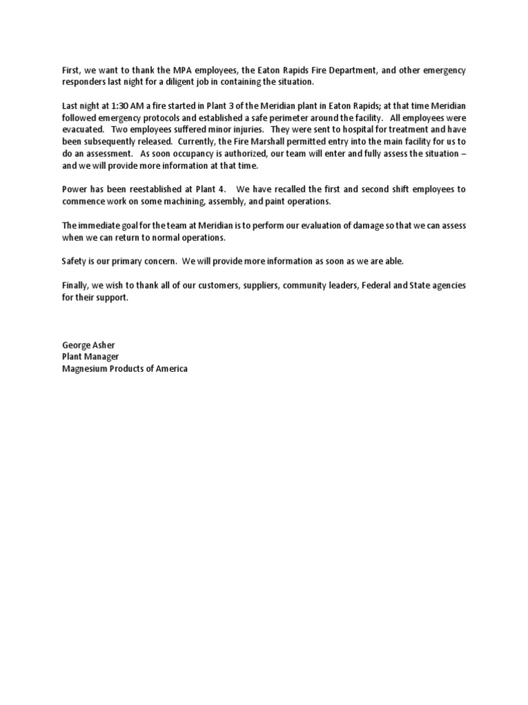 Meridian Plant Fire Incident Update | PDF | Business