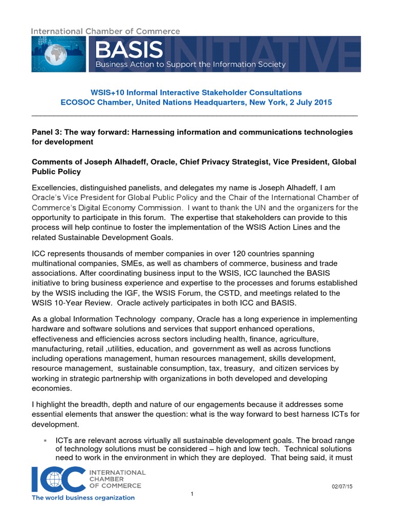 Remarks by Joseph Alhadeff at The WSIS10 Stakeholder Consultation, New ...