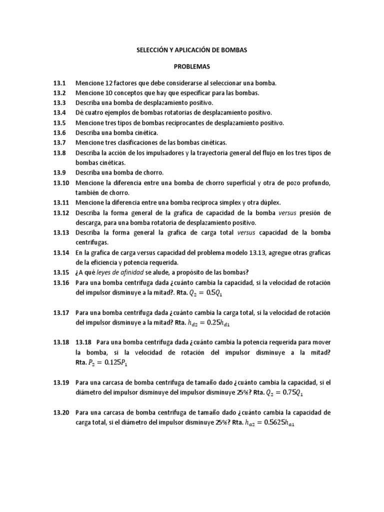 Seleccion y Aplicacion de Bombas-Problemas y Respuestas | PDF | Bomba | Presión
