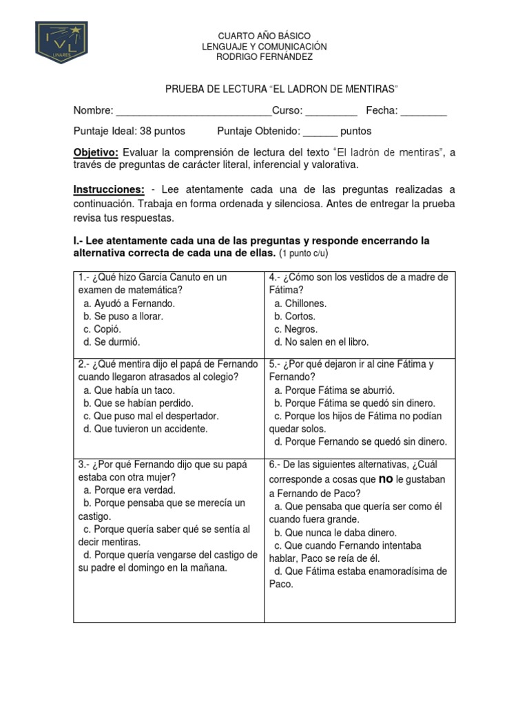 Prueba de Lectura 4° Basico Mayo | PDF | Lectura (proceso) | Prueba ...