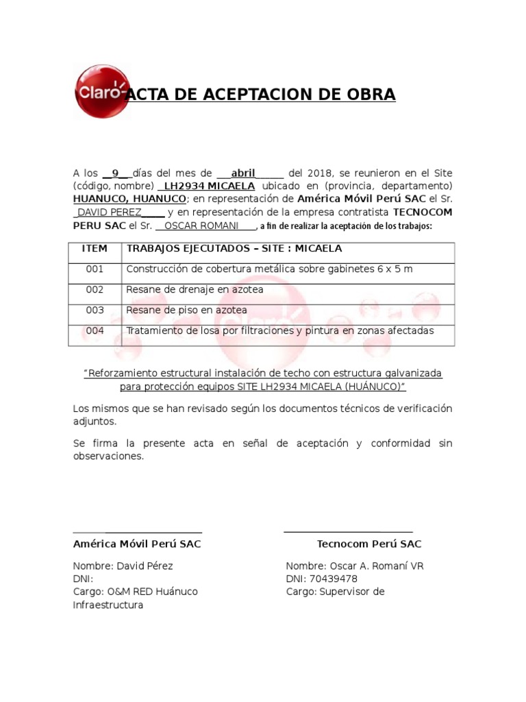 Acta de Aceptacion de Obra | PDF