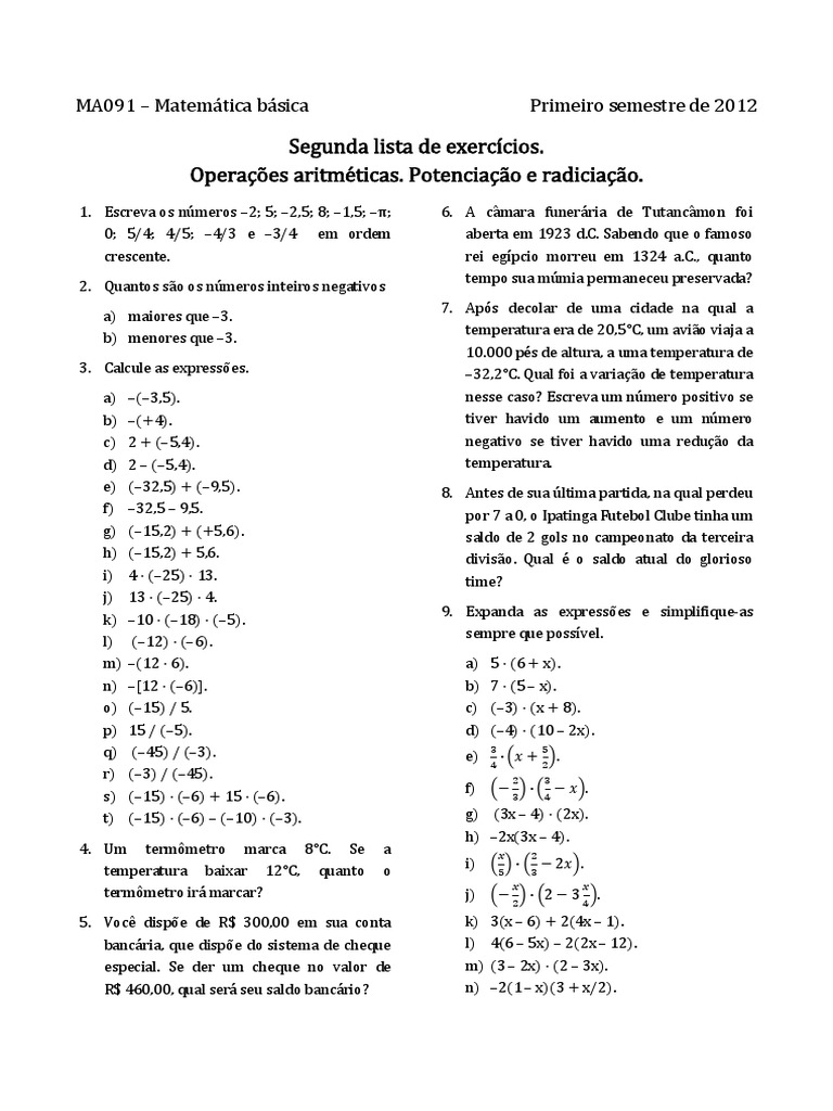 Matemática Básica Exercícios 01 Pdf Pdf Meteorologia Quantidade