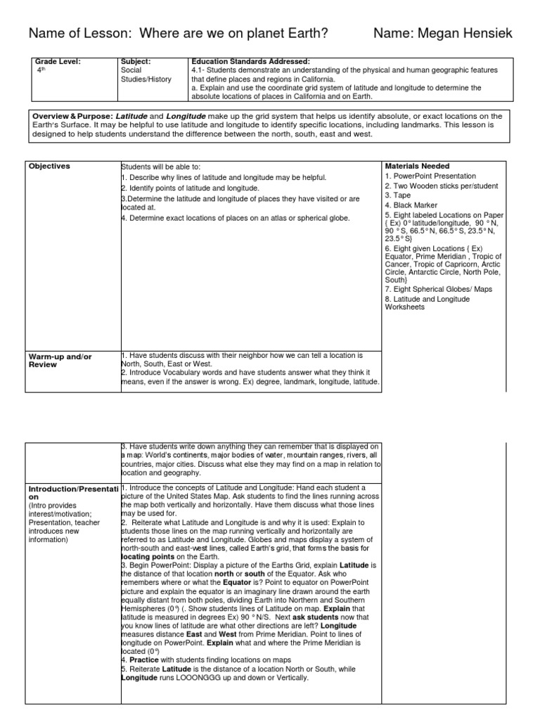 Latitude and Longitude Lesson Plan | PDF | Longitude | Latitude