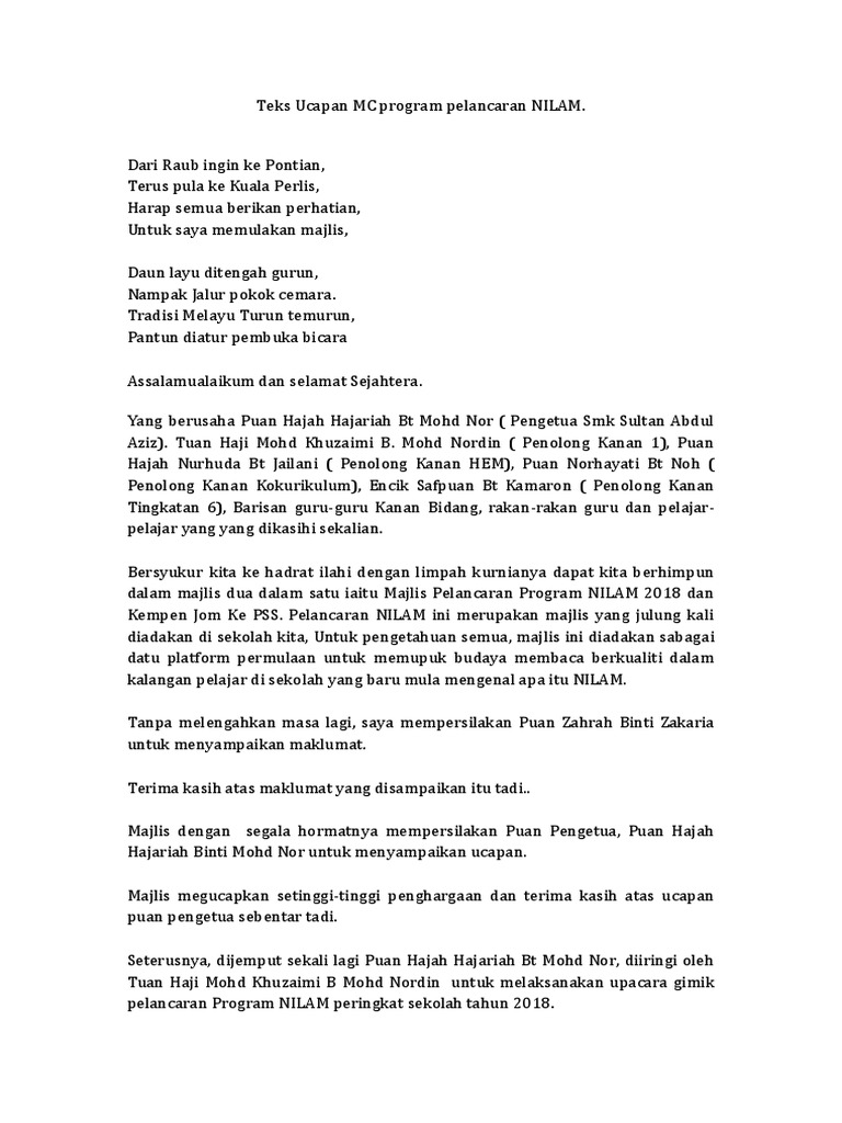 Teks Ucapan MC Program Pelancaran NILAM | PDF