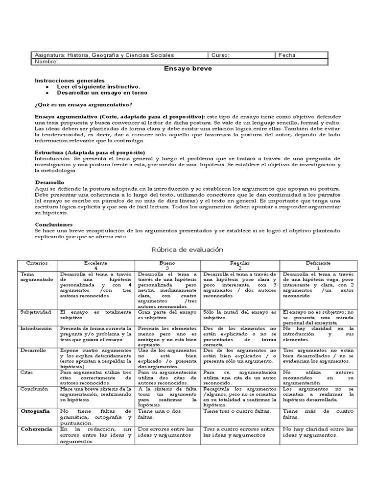 Ensayo Breve Instrucciones y Rubrica | PDF | Ensayos | Hipótesis