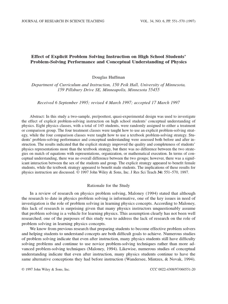 Effect of Explicit Problem Solving Instruction On High School Students' Problem-Solving ...