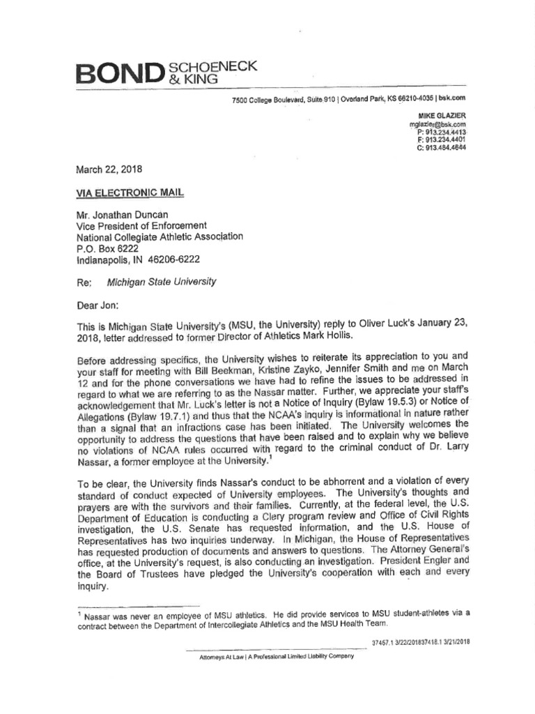 Michigan State Letter To NCAA | PDF