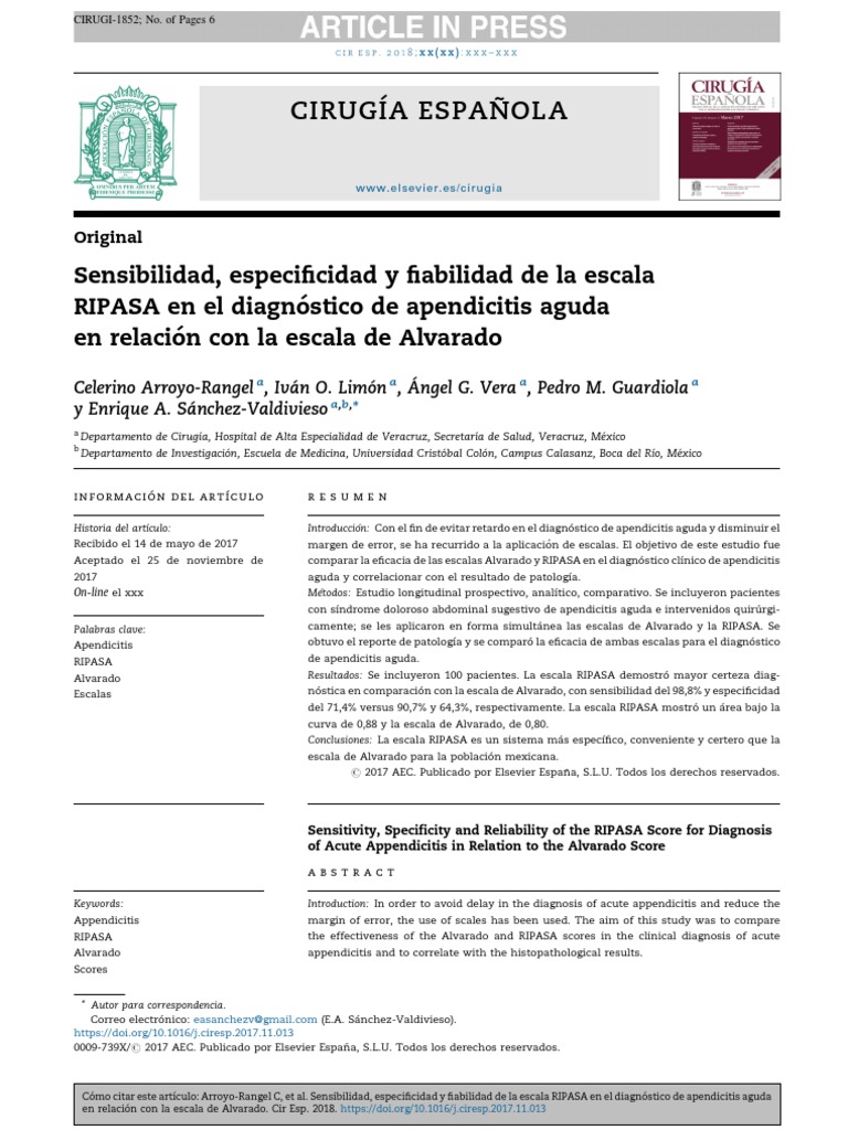 Apendicitis Sensibilidad Especificidad y Fiabilidad de La Escala RIPASA ...