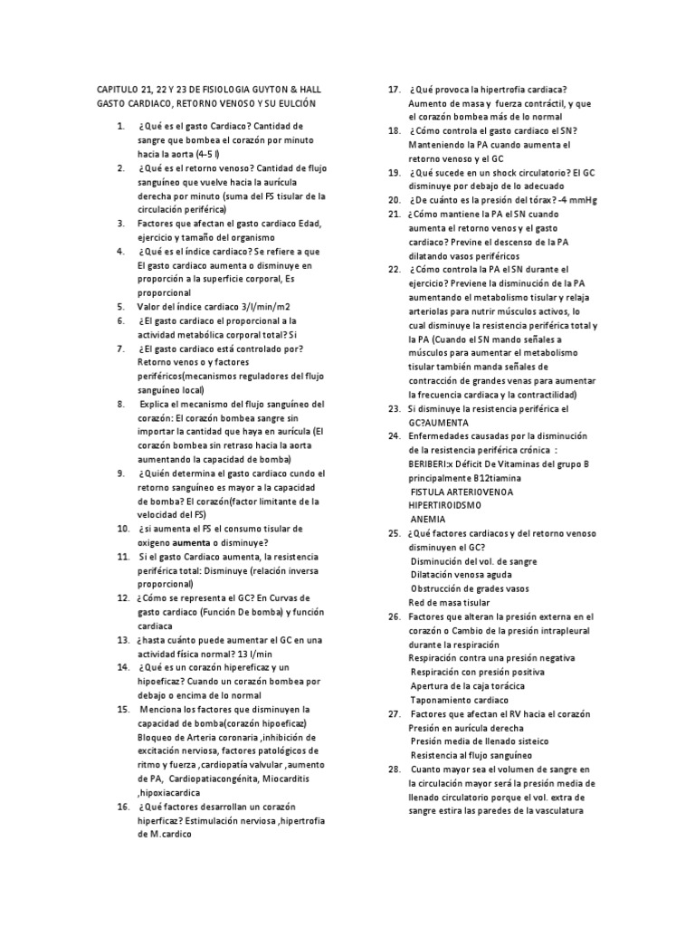 Cuestionario Capitulo 21 Fisiologia Humana Guyton | PDF | Corazón | Hemodinámica