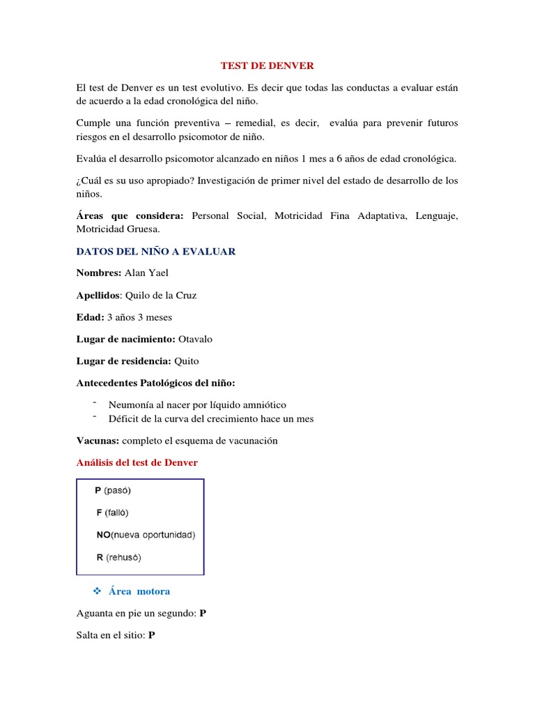 Test de Denver: Evaluación Psicopedagógica | PDF | Salud y bienestar ...