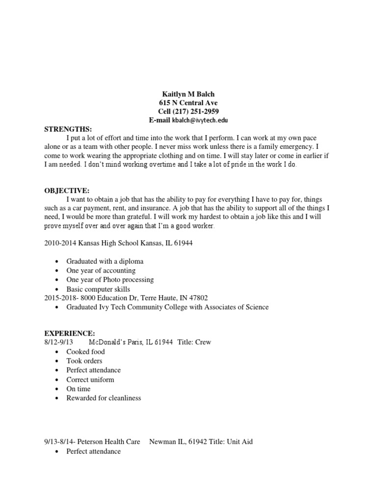 Job-Seeking Resume of Kaitlyn Balch | PDF | Business