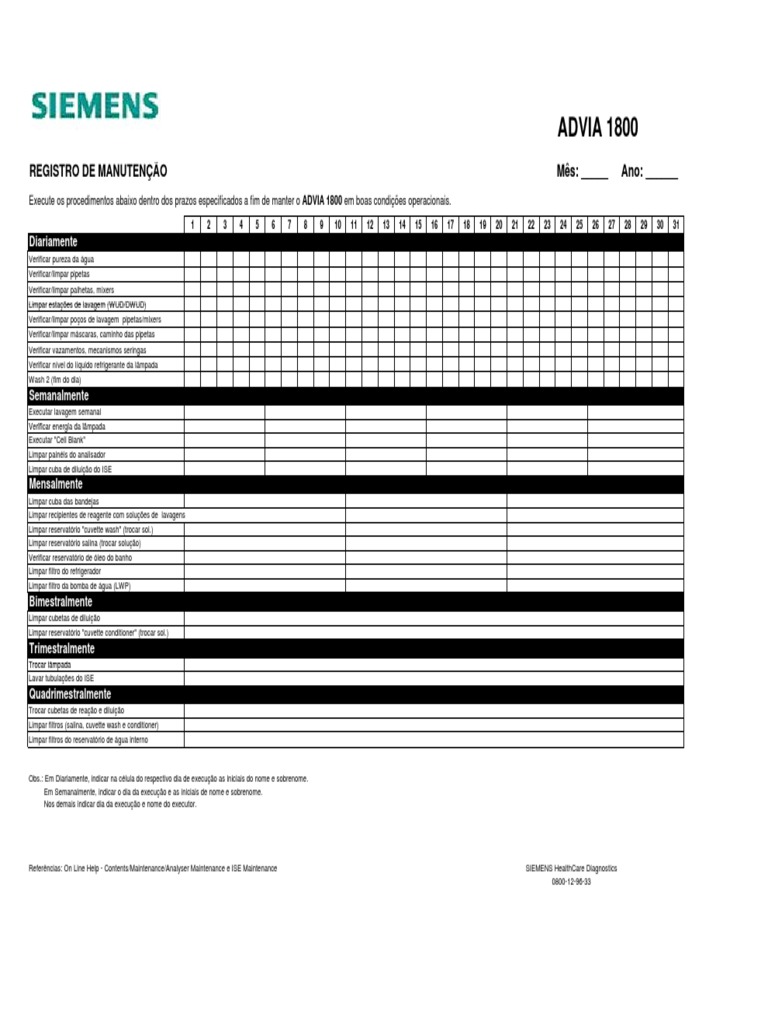 Advia 1800 - Planilha Manutenção | PDF