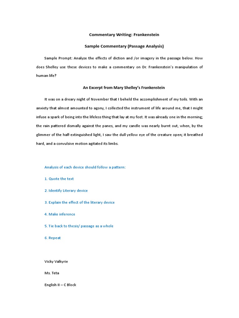Frankenstein: Diction & Imagery Analysis | PDF | Frankenstein | Mary ...