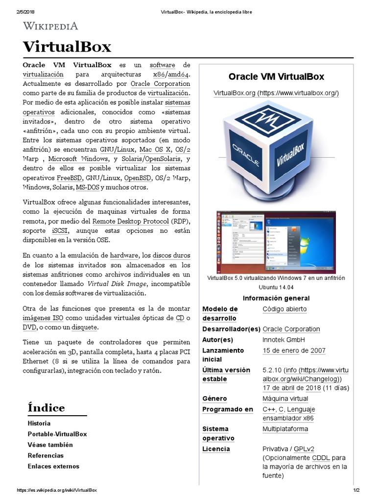 VirtualBox - Wikipedia, La Enciclopedia Libre | PDF | Informática | Software