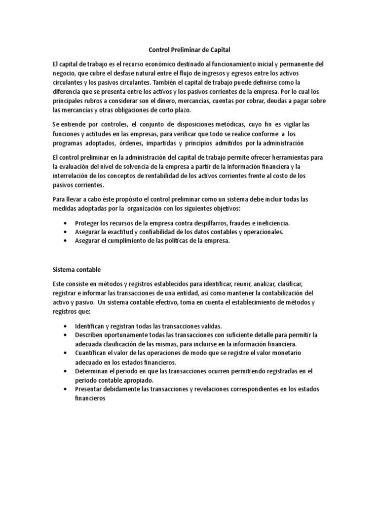 Control Preliminar Capital | PDF | Capital de trabajo | Contabilidad