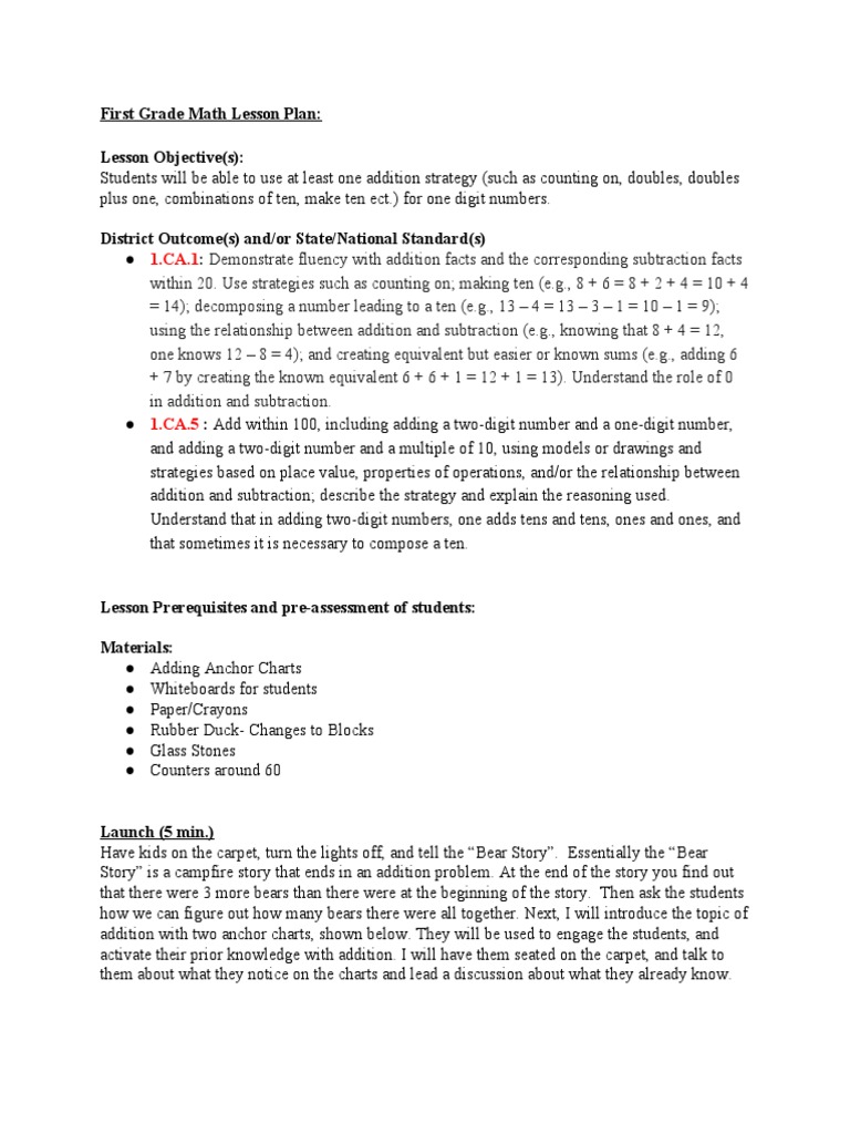 First Grade Math Lesson Plan: Lesson Objective(s) | PDF | Teachers ...