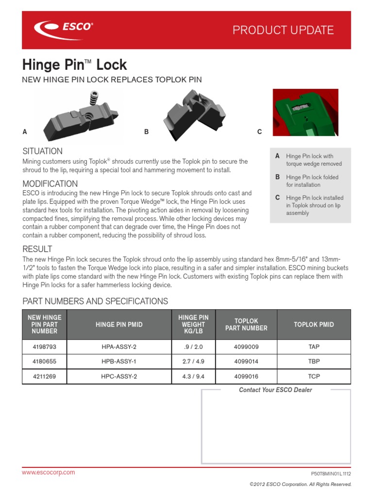 P5078MIN ESCO Hinge Pin Lock | PDF | Manufactured Goods | Equipment