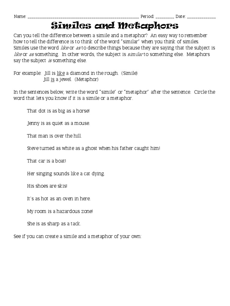 Simile and Metaphor Worksheet PDF | PDF | Metaphor
