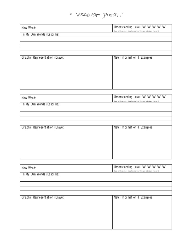 Vocabulary Journal: (Color in The Stars To Show How Well You Think You ...