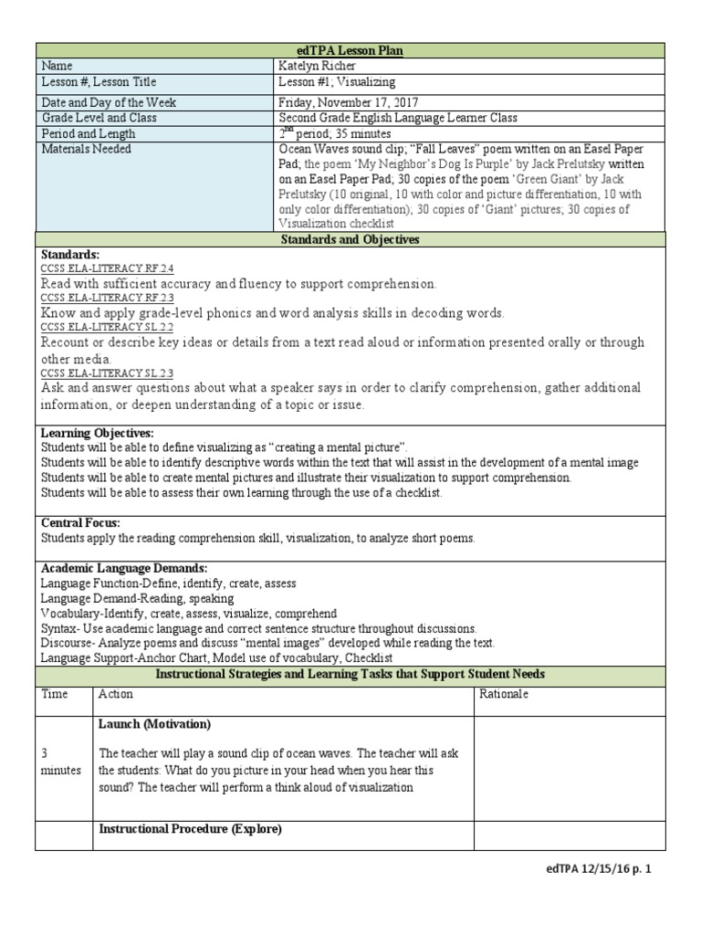 Sample Lesson Plan 3 | Download Free PDF | Mental Image | Reading ...