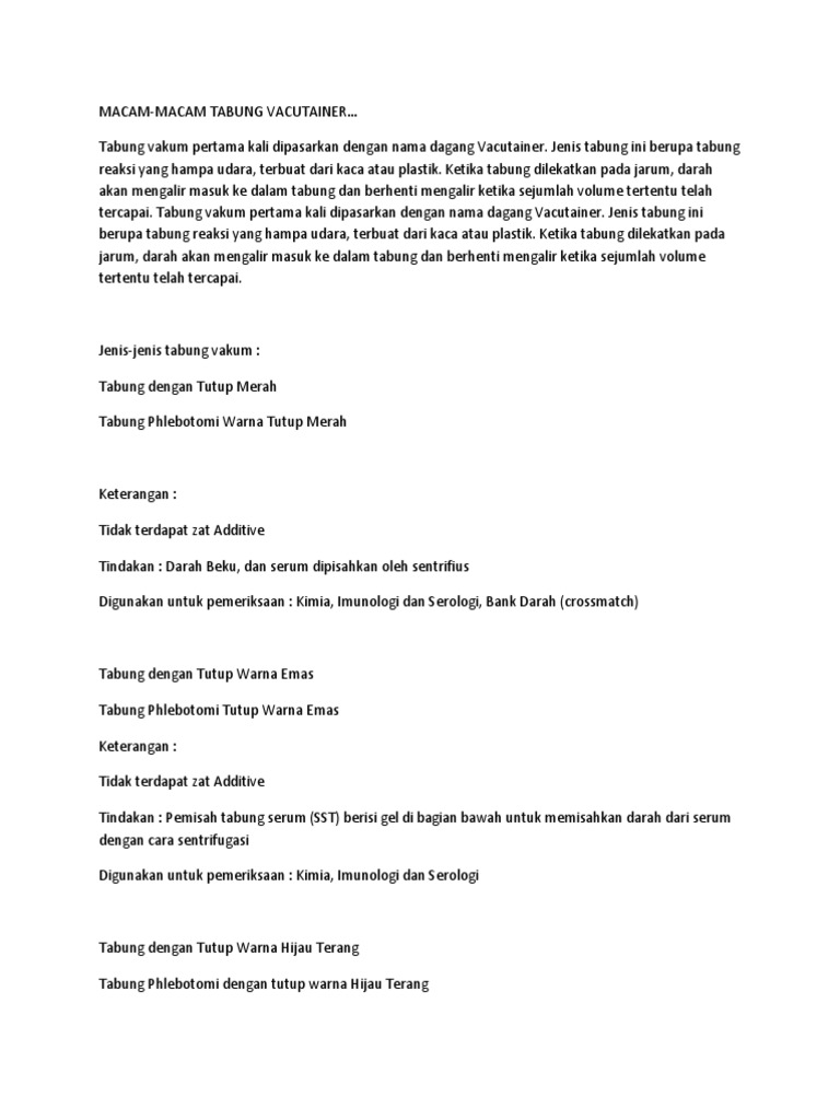 Macam-Macam Tabung Vacutainer | PDF