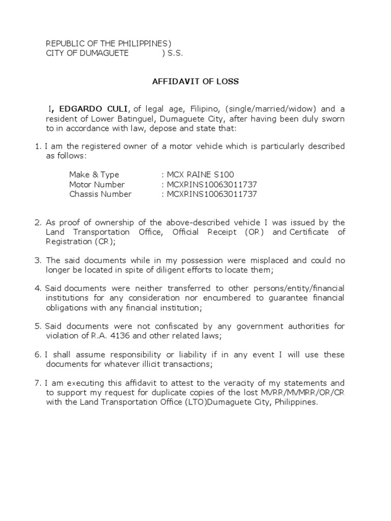 Affidavit of Loss Or-Cr | PDF | Affidavit | Social Institutions