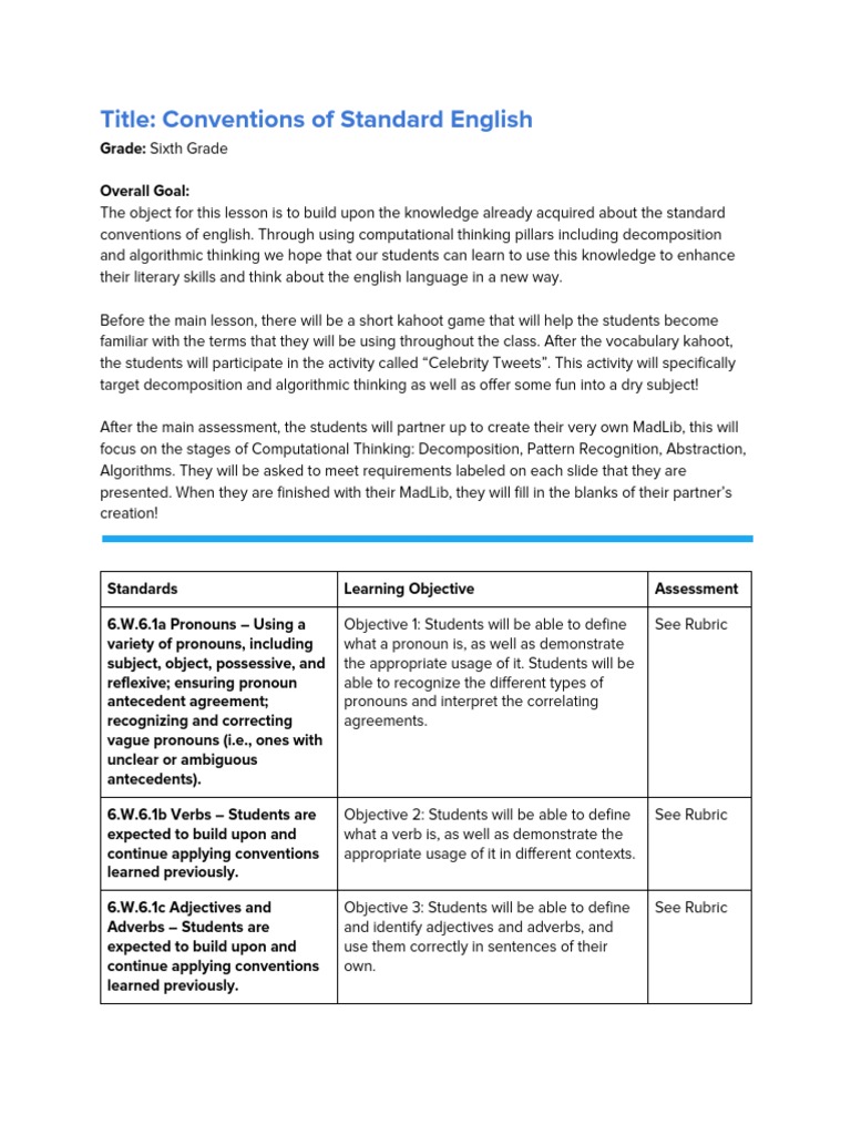Computational Thinking Lesson Plan Pdf Adjective Adverb