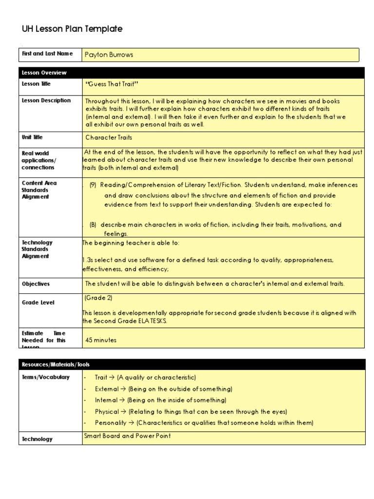 UH Lesson Plan Template: Payton Burrows | PDF | Educational Assessment ...