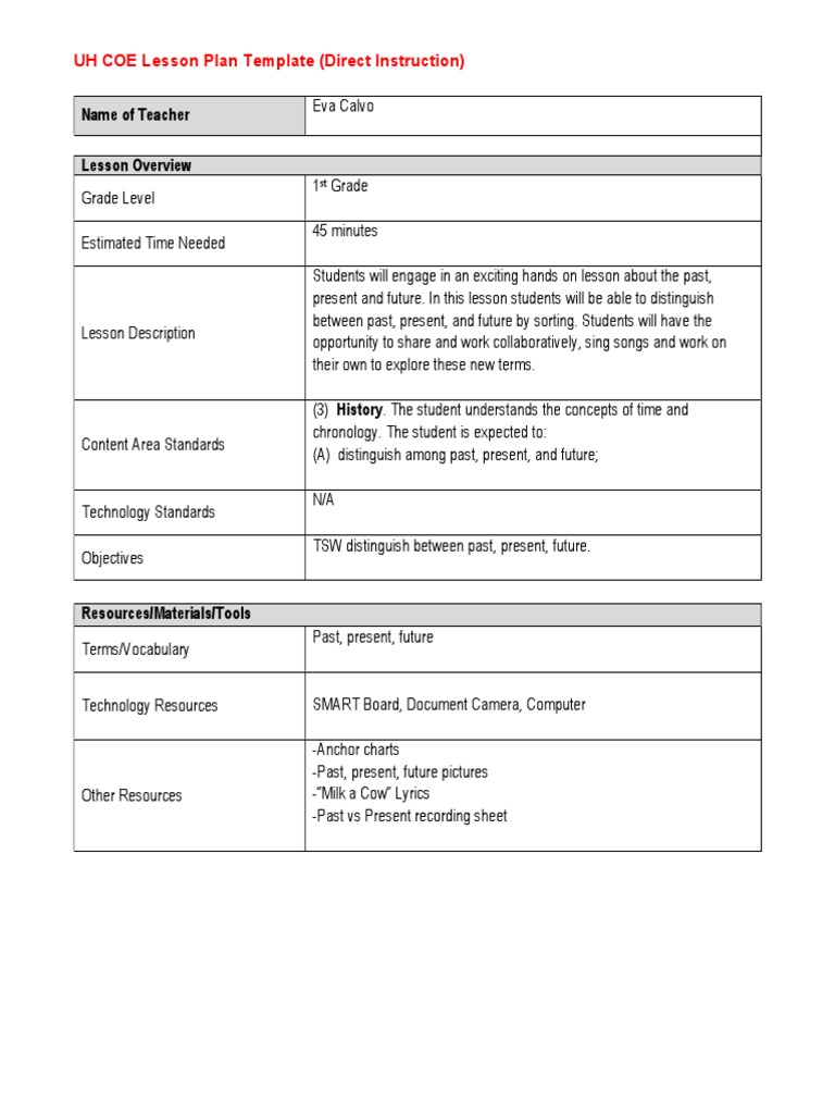 UH COE Lesson Plan Template (Direct Instruction) | PDF | Lesson Plan ...