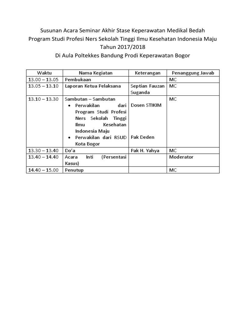 Susunan Acara Seminar Akhir Stase Keperawatan Medikal Bedah | PDF